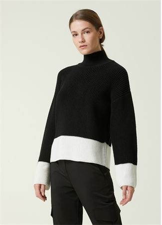 Beymen Club Kadın Siyah Beyaz Dik Yaka Ribli Kazak XS