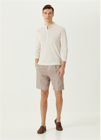 Lardini Erkek Bej Kahverengi Beli Kordonlu Çizgili Keten Bermuda 48 IT