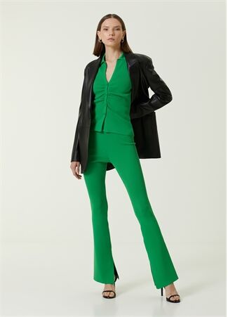 Academia Kadın Yeşil Ribli Bol Paça Triko Pantolon XS