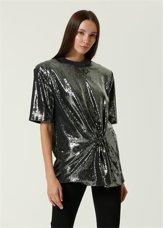 The Attico Kadın Gri Payetli Logolu İğne Detaylı T-shirt 40 IT The Attico Kadın Gri Payetli Logolu İğne Detaylı T-shirt 40 IT