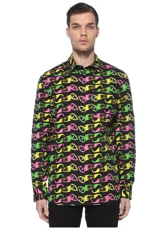 Versace Erkek Siyah Polo Yaka Güneş Gözlüğü Desenli Gömlek 39 IT