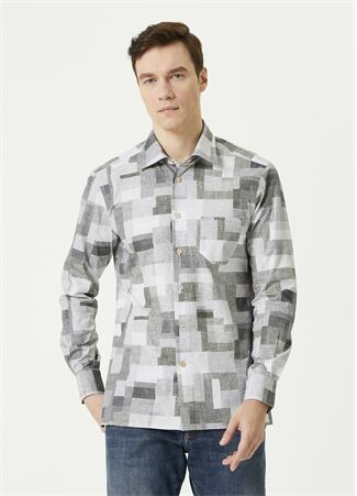 Kiton Erkek Gri Geometrik Desenli Gömlek 40 IT