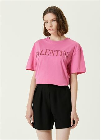 Valentino Kadın Pembe Bisiklet Yaka Logolu T-shirt XS EU