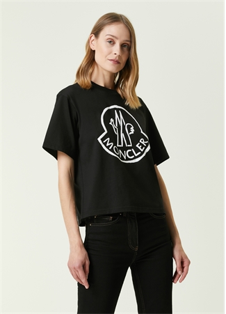 Moncler Kadın Siyah Bisiklet Yaka Logolu T-shirt S EU