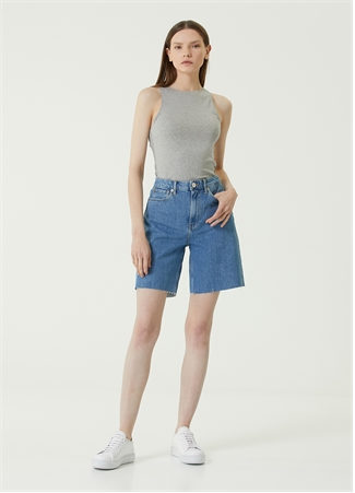 3x Kadın Beyaz Yüksek Bel Yıpratma Detaylı Jean Şort Mavi 23 US