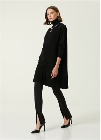 Academia Kadın Siyah Balıkçı Yaka Yırtmaçlı Kazak S