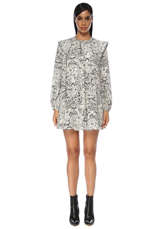 Alexander McQueen Kadın Siyah Beyaz Desenli Uzun Kol Mini İpek Elbise 44 IT