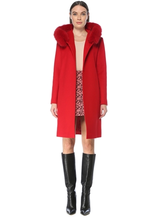 Network Kadın Regular Fit Kırmızı Kapüşonlu Yün Kaban S EU