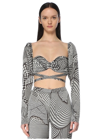 Cup of Stars Kadın Anya Siyah Beyaz Kalp Yaka Bağcıklı Crop Bluz 36 EU