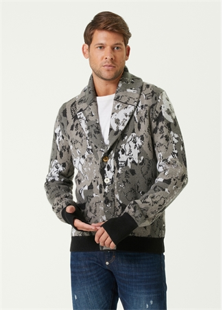 Gabriele Pasini Erkek Gri Şal Yaka Jakarlı Triko Hırka Siyah M EU