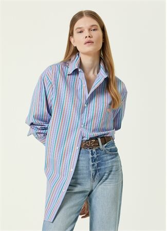 Etro Kadın Mavi Düğmeli Yaka Çizgili Gömlek M EU