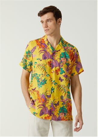 Etro Erkek Sarı Kamp Yaka Çiçek Desenli Keten Gömlek L EU