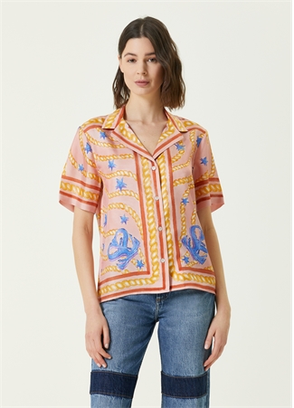 Sandro Kadın Pembe Desenli Kısa Kol İpek Gömlek US