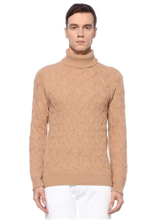 Beymen Collection Erkek Kamel Balıkçı Yaka Saç Örgü Jakarlı Kazak Kahverengi S EU