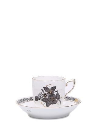 Herend Siyah Çiçek Motifli Porselen Kahve Fincan Takımı Herend Siyah Çiçek Motifli Porselen Kahve Fincan Takımı