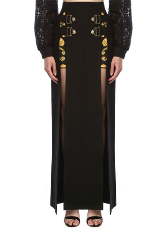 Versace Jeans Couture Kadın Siyah Barok Desenli Yırtmaç Detaylı Maksi Etek 38 IT