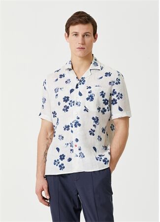Isaia Erkek Mavi Çiçek Desenli Keten Gömlek 39 IT