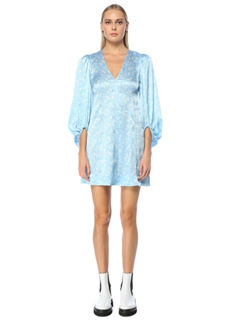 Ganni Kadın Mavi V Yaka Çiçekli Mini İpek Elbise 34 FR