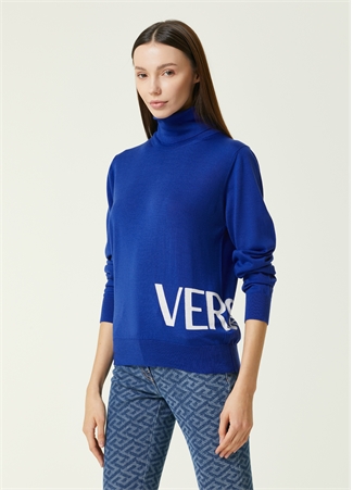 Versace Kadın Mavi Beyaz Balıkçı Yaka Logolu Yün Kazak Lacivert 40 IT Versace Kadın Mavi Beyaz Balıkçı Yaka Logolu Yün Kazak Lacivert 40 IT