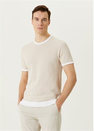 Network Erkek Beyaz Bej Çizgi Desenli Kısa Kol Kazak S EU