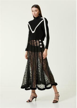 Raisa Vanessa Kadın Siyah Şeritli Midi Dantel Etek 36 EU