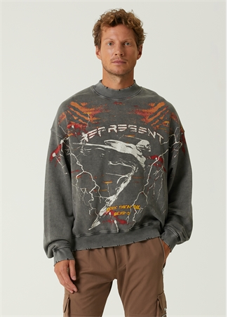 Represent Erkek Gri Logo Baskılı Eskitme Detaylı Sweatshirt M EU