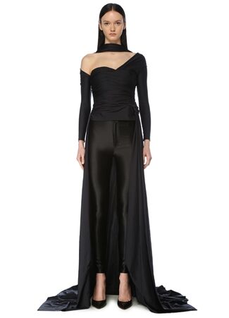 Balenciaga Kadın Siyah Drapeli Pelerin Formlu Maksi Abiye Elbise 38 FR