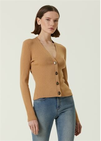 Maje Kadın Kamel Çizgi Dokulu Hırka Kahverengi US