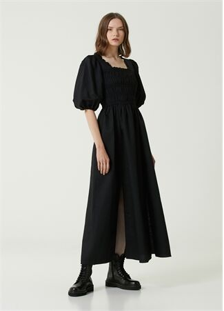 Allsaints Kadın Livi Siyah Balon Kol Maksi Keten Elbise 0 UK