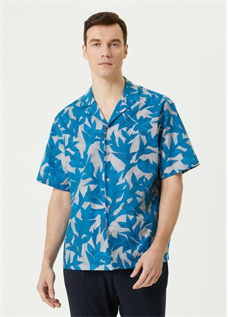 Z Zegna Erkek Mavi Çiçek Desenli Kısa Kollu Gömlek L It