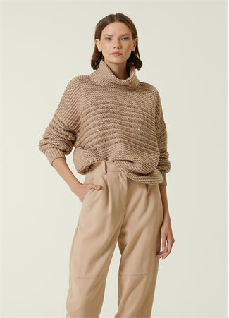 Brunello Cucinelli Kadın Bej Balıkçı Yaka İşlemeli Yün Kazak M EU