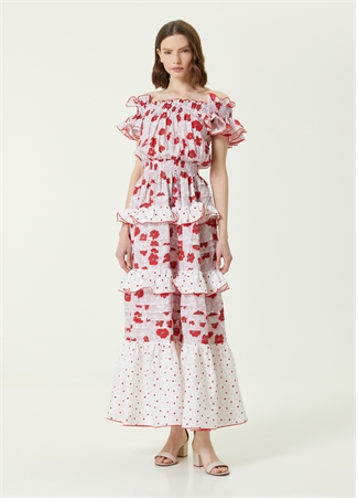 Gül Hürgel Kadın Kırmızı Düşük Omuzlu Desenli Maksi Keten Elbise S EU