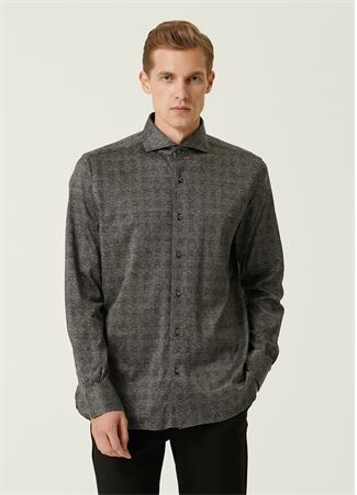 Canali Erkek Gri İtalyan Yaka Kareli Gömlek 4 IT
