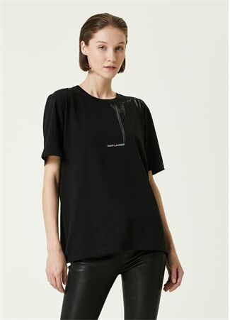 Kadın Siyah Bisiklet Yaka Baskılı T-shirt XS EU