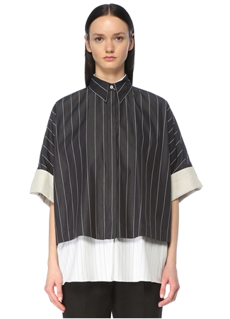 Brunello Cucinelli Kadın Siyah Beyaz Çizgili Kat Detaylı Gömlek S EU