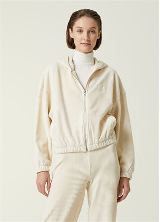 CK Jeans Kadın Bej Kapüşonlu Fermuarlı Kadife Sweatshirt S EU