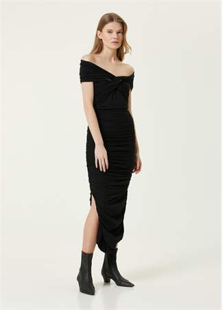Khaite Kadın Siyah Düşük Omuzlu Büzgülü Midi Kokteyl Elbise XS EU
