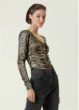 Rotate Birger Christensen Kadın Leopar Desenli Bluz Kahverengi 36 IT