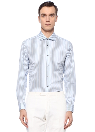 Pal Zileri Erkek Mavi İngiliz Yaka Çizgili Gömlek 4 IT