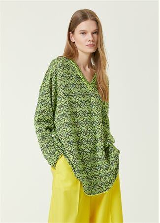 Loewe Kadın Yeşil V Yaka Logo Jakarlı Yün Kazak Sarı S EU