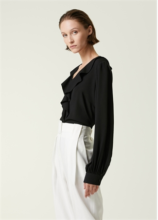 Beymen Collection Kadın Siyah V Yaka Volanlı İpek Şifon Gömlek 34