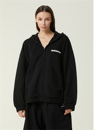 Balenciaga Kadın Siyah Kapüşonlu Logolu Sweatshirt US