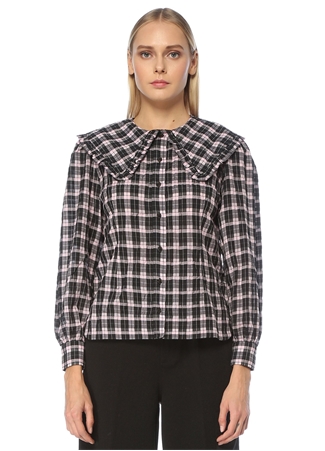 Ganni Kadın Lila Ekoseli Fırfırlı Uzun Kol Bluz Pembe 34 FR