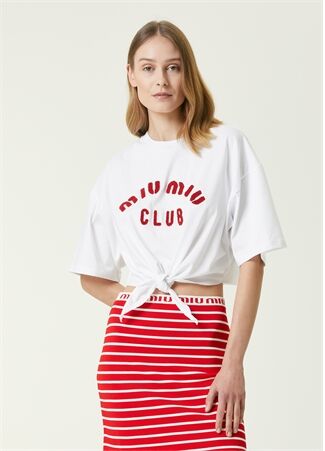 Miu Kadın Beyaz Logolu Beli Bağcıklı T-shirt XS EU