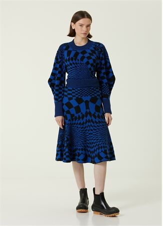 Stella McCartney Kadın Mavi Siyah Geometrik Desenli Midi Yün Etek 40 IT
