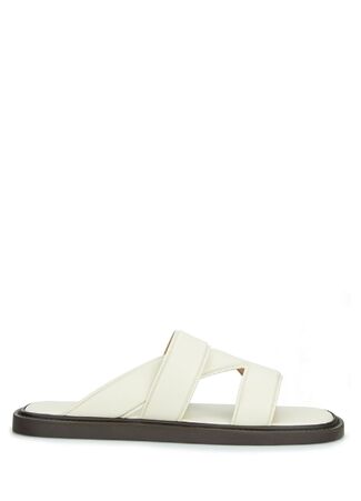 Bottega Veneta Erkek Beyaz Geometrik Bantlı Deri Terlik Bej 42 EU