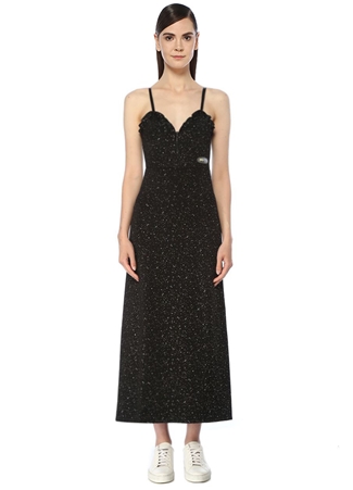 Kenzo Kadın Siyah Kalp Yaka Simli Fırfırlı Midi Elbise L EU