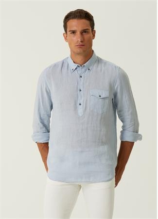 Beymen Club Erkek Slim Fit Mavi Düğmeli Yaka Keten Gömlek S