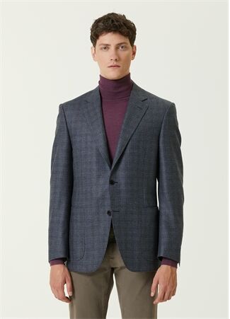 Canali Erkek Gri Mavi Mikro Desenli Yün Ceket 52 IT
