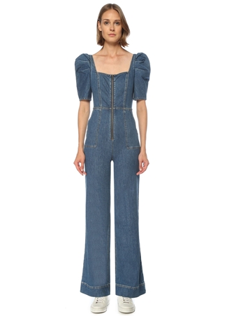 Alice+Olivia Kadın Kennedy Kare Yaka Balon Kol Jean Tulum Mavi 24 US Alice+Olivia Kadın Kennedy Kare Yaka Balon Kol Jean Tulum Mavi 24 US